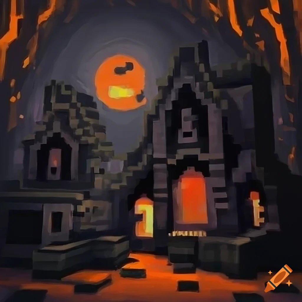 Acrylic painting of a spooky minecraft scene on Craiyon