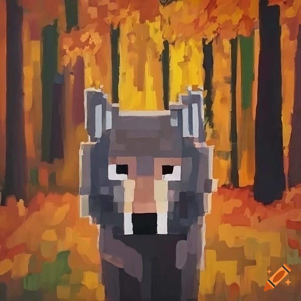 Acrylic painting of a minecraft wolf in a forest