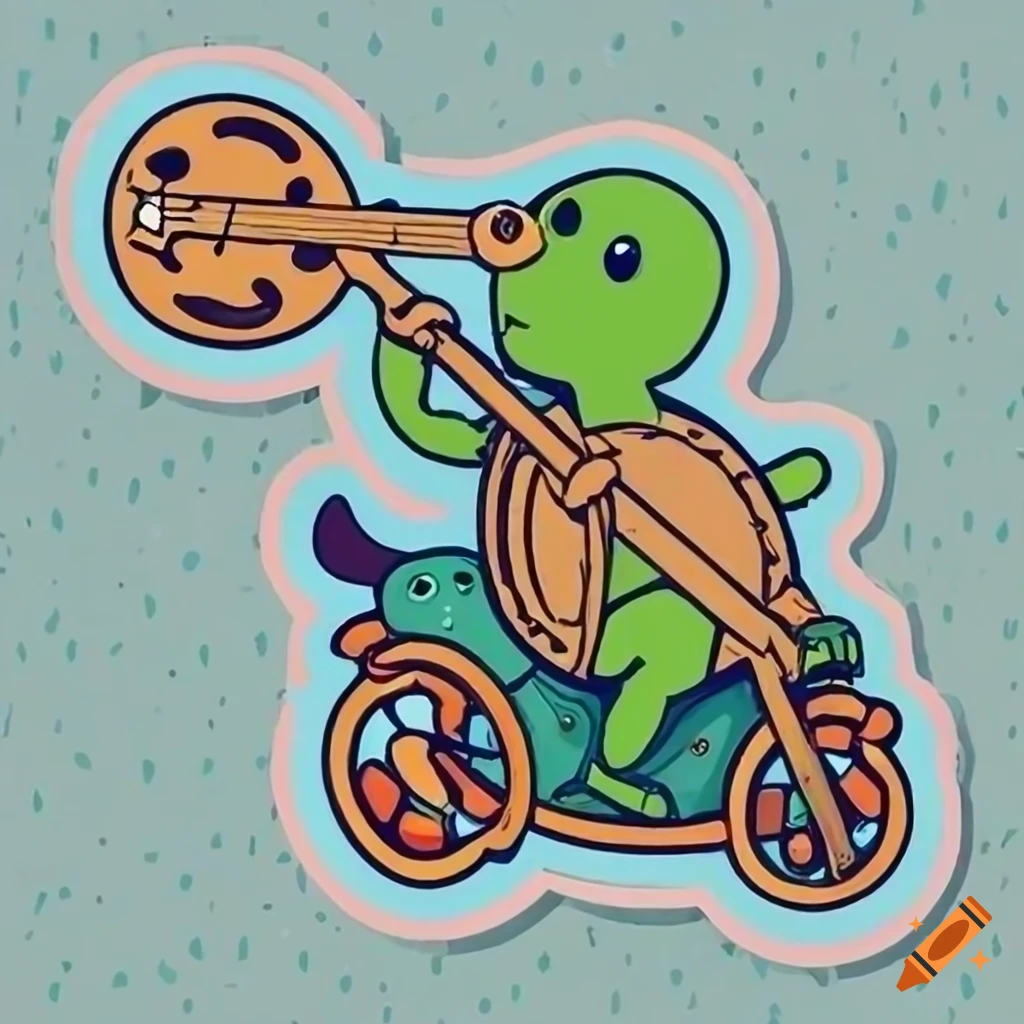 Sticker art of a musical turtle riding a motorcycle on Craiyon