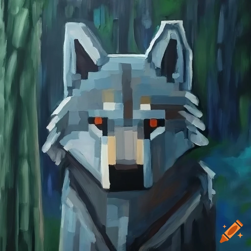 Acrylic painting of a minecraft wolf in the dark oak woods on Craiyon