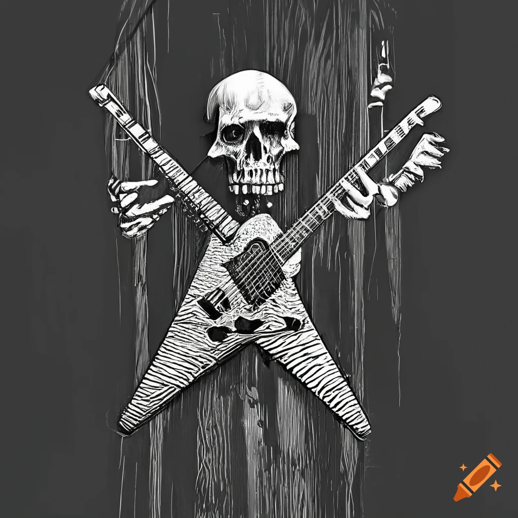 Black and white drawing of crossed Flying V guitars with skull ...