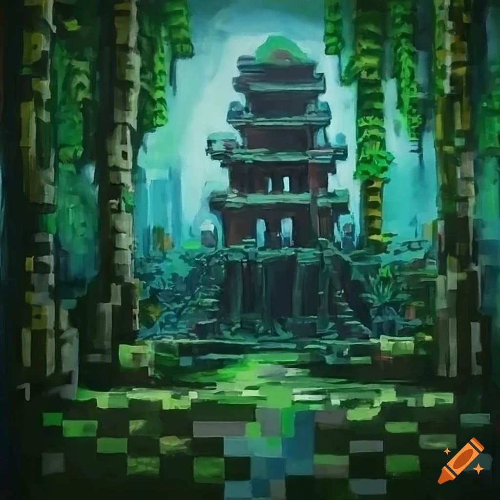 Acrylic painting of a haunted Minecraft Jungle temple on Craiyon