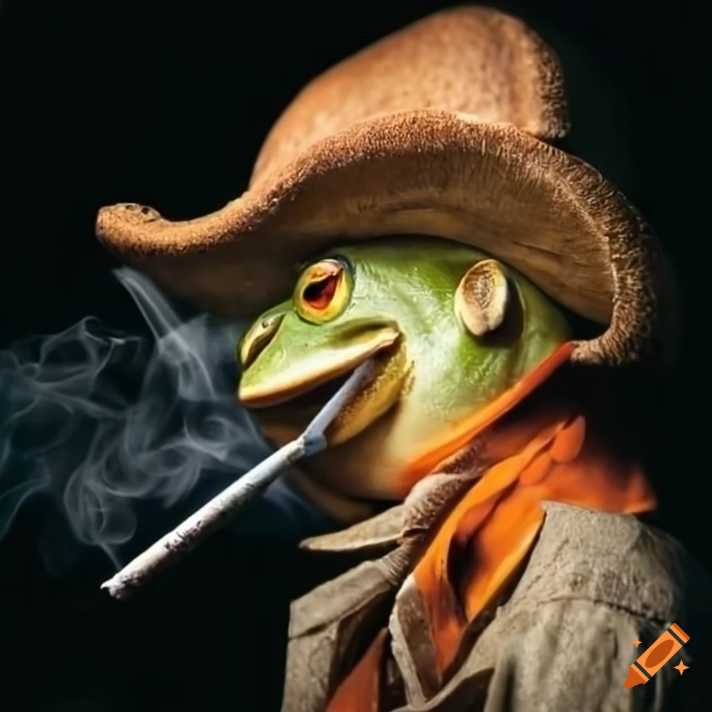 Illustration of a cowboy frog smoking a cigarette on Craiyon