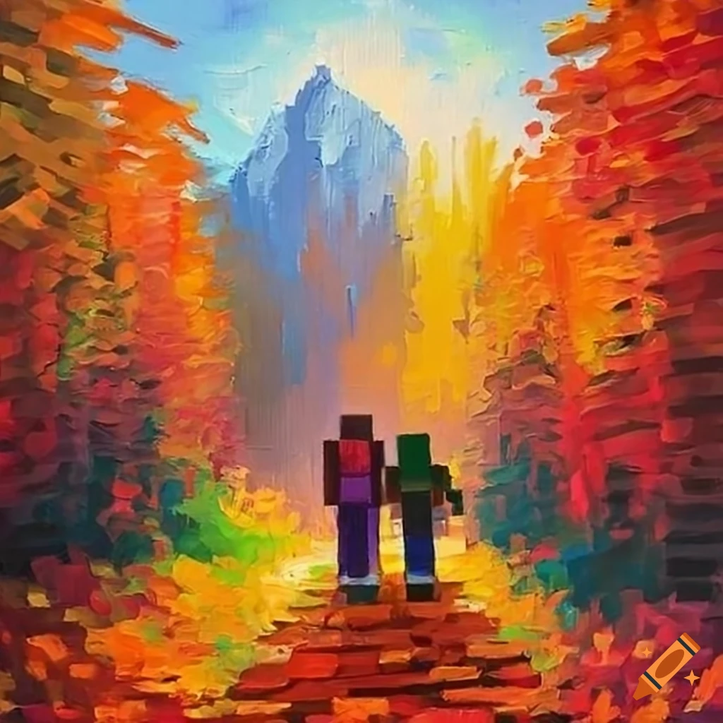 Acrylic painting of minecraft hikers in the autumn mountains on Craiyon