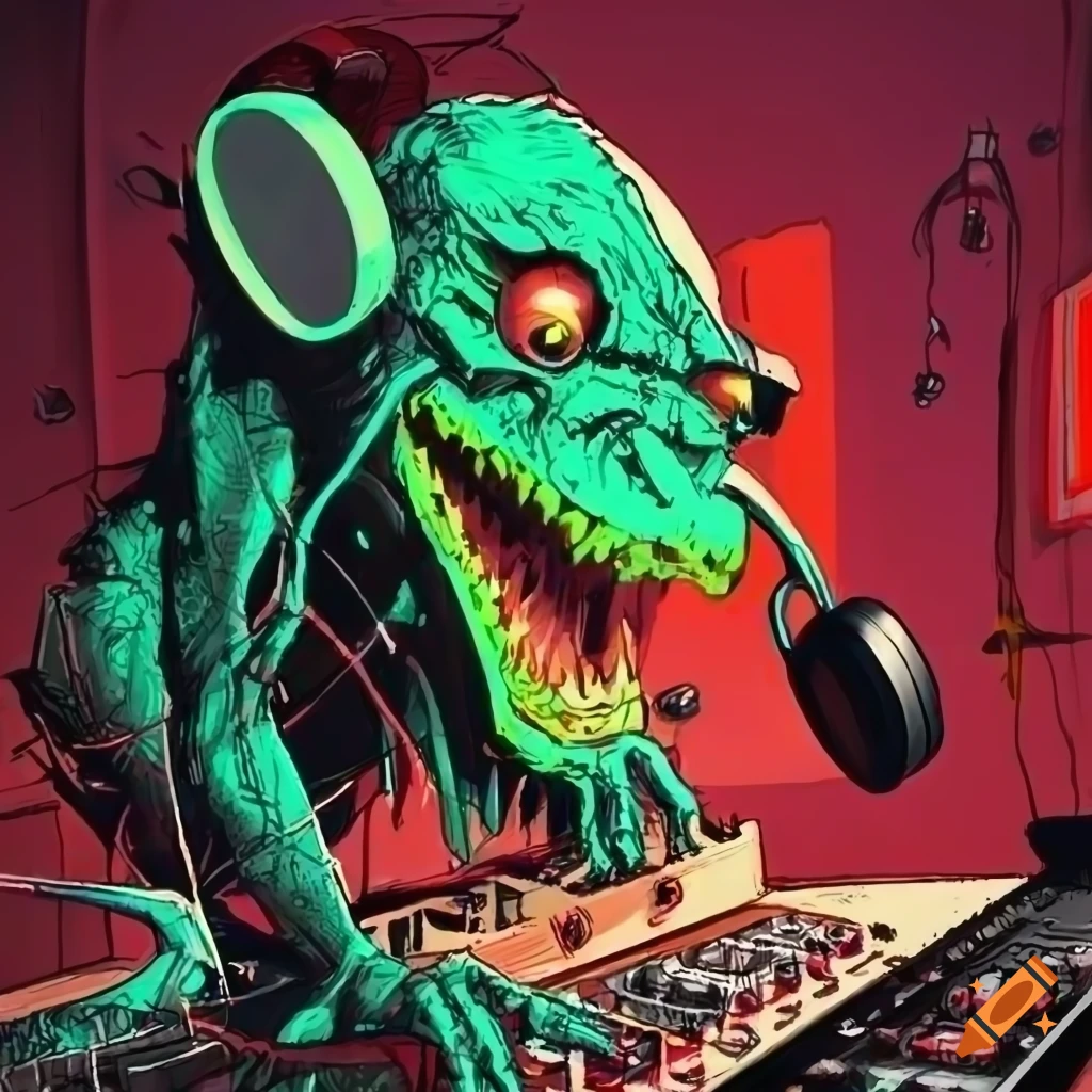 Lizard DJ with headphones in Simon Bisley style on Craiyon