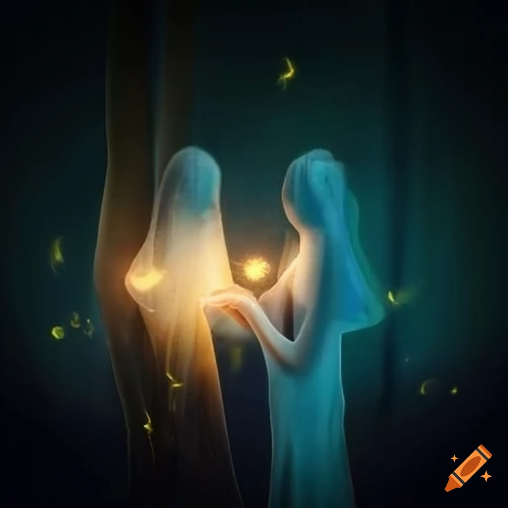 Artwork of two ghosts holding hands in a field of fireflies on Craiyon