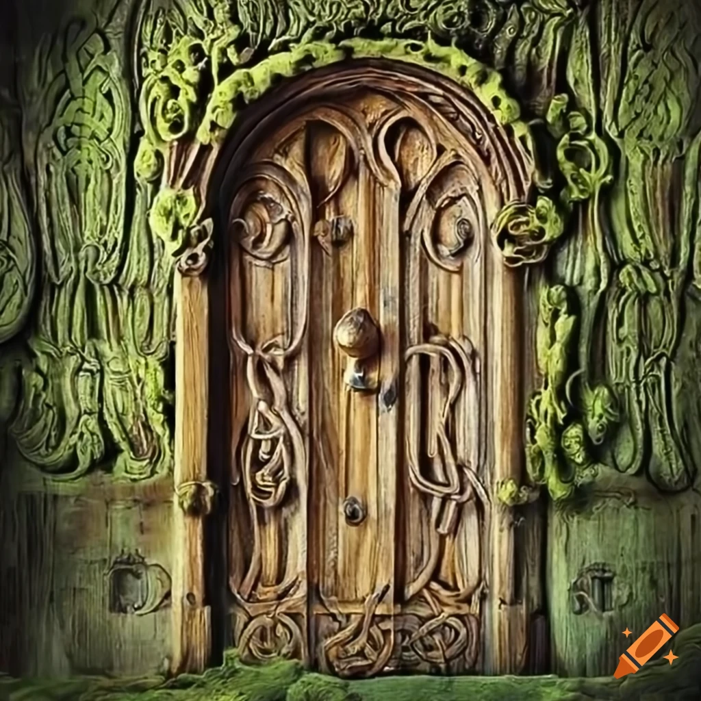 Carved celtic doors with moss on Craiyon