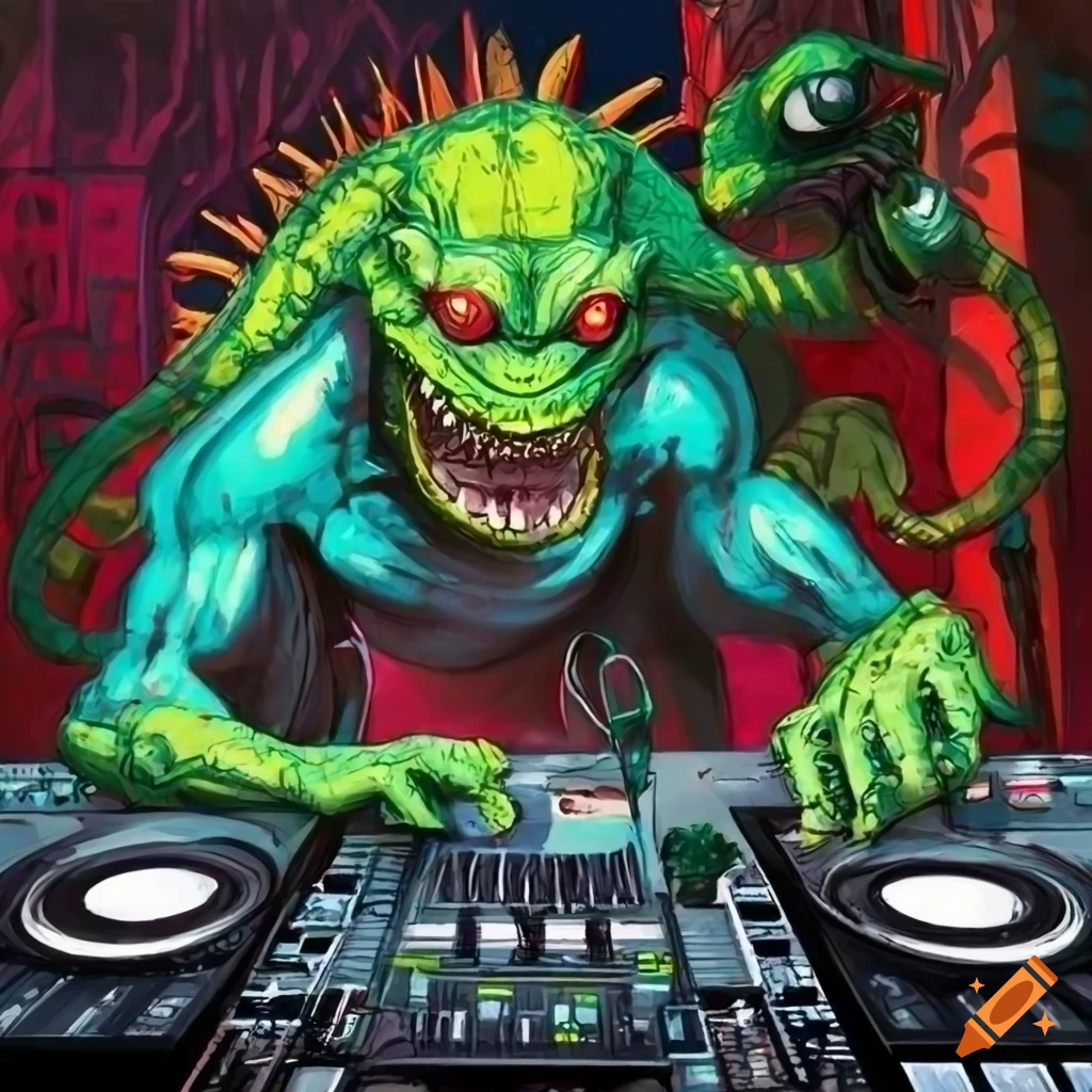 Simon bisley-style artwork of a lizard dj on Craiyon