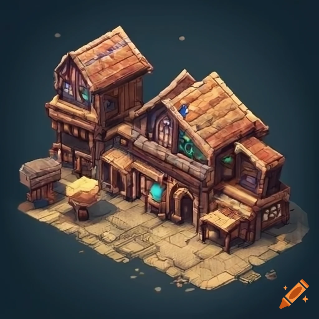 Detailed isometric map of a medieval village in a fantasy rpg on Craiyon