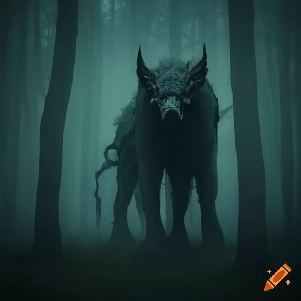 Silhouette of mythical creatures in a mysterious woods on Craiyon