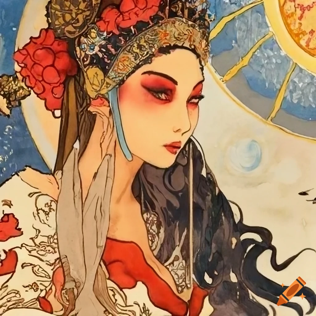 Watercolor painting of a Chinese opera scene under a starry sky on Craiyon