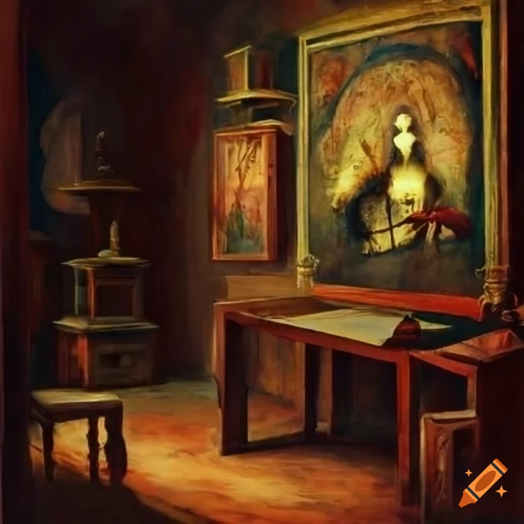 Interior of a haunted museum with occult paintings on Craiyon
