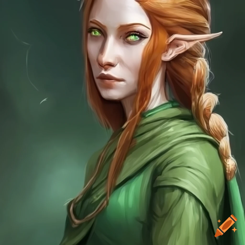 Illustration of a ginger-haired elven woman in a green cloak on Craiyon