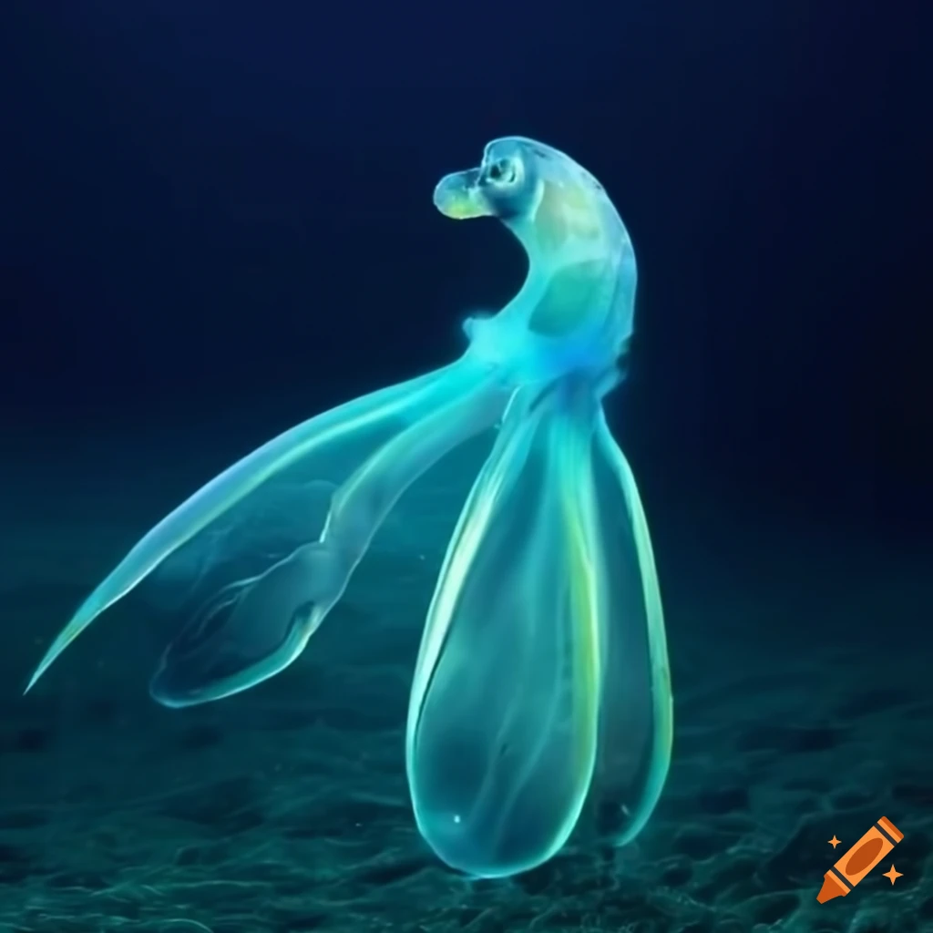 Yellow sea creature with long fins in deep sea on Craiyon