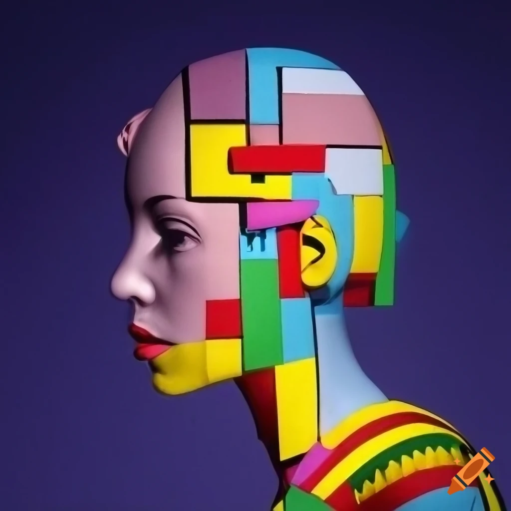 Pop art-style plastic sculptures with geometric shapes and faces on Craiyon