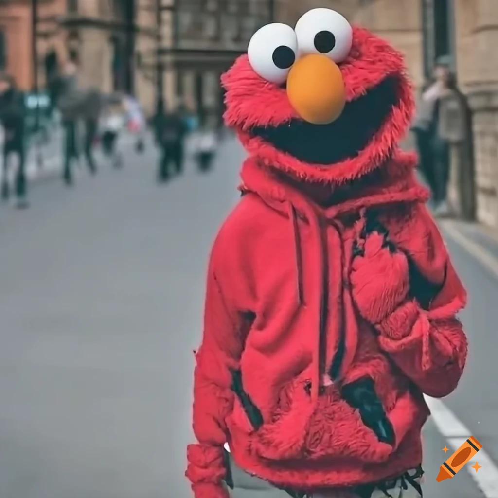 Elmo in a stylish red and black hoodie in manchester city centre on Craiyon