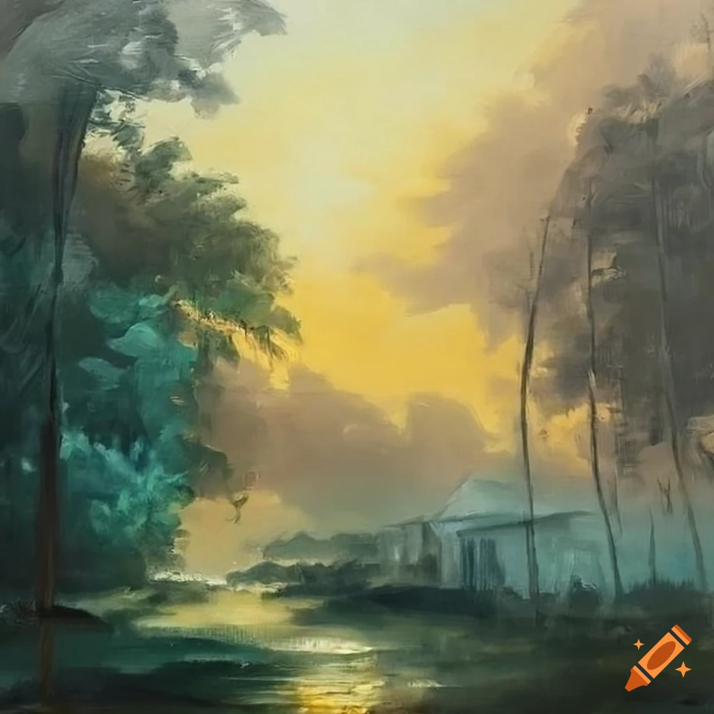 Oil painting of heavy rain in a Bangladesh village on Craiyon