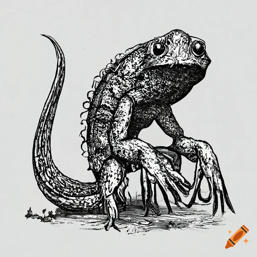 Detailed etching of a Lovecraftian salamander monster on Craiyon