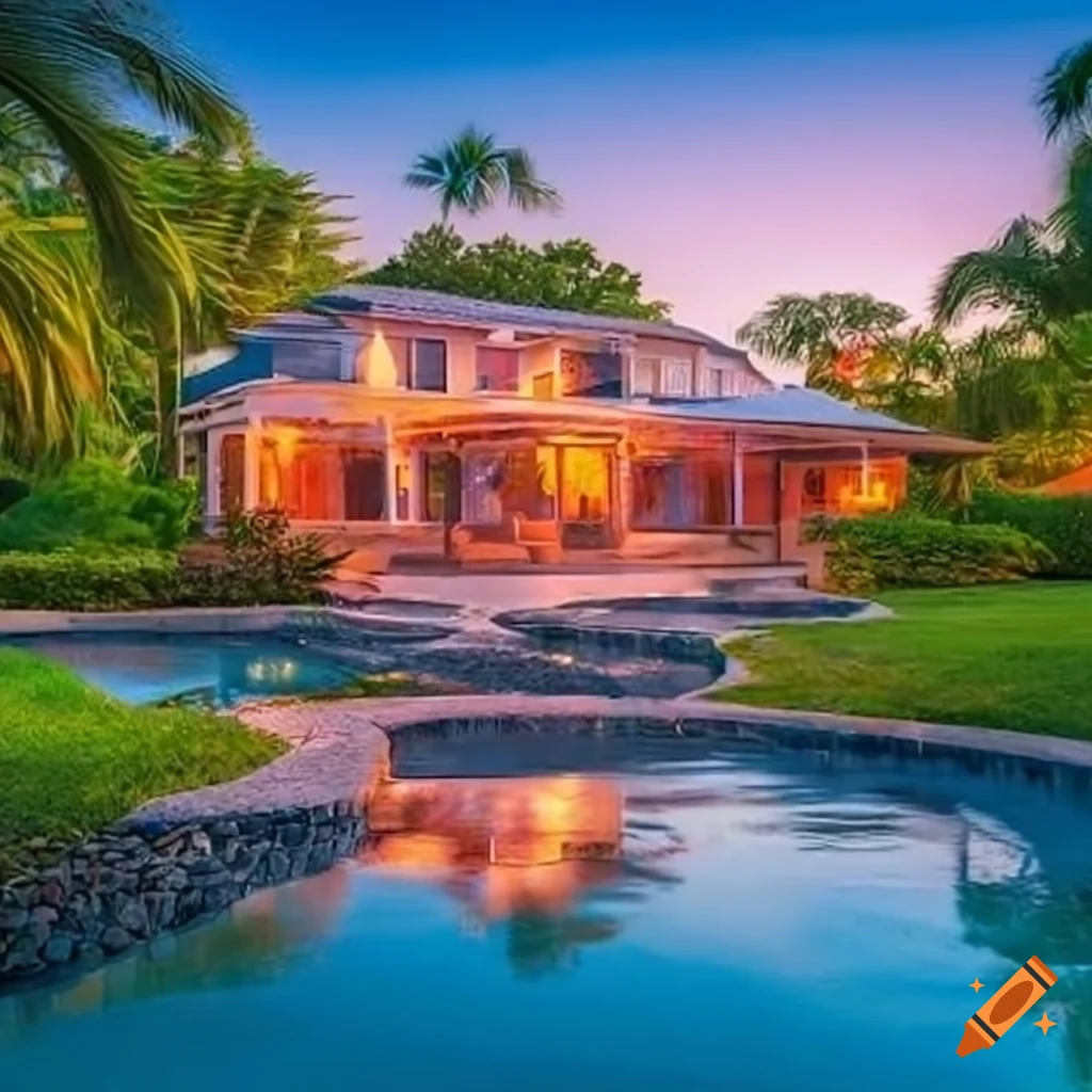 Key west style ranch house with pools and lush landscaping on Craiyon