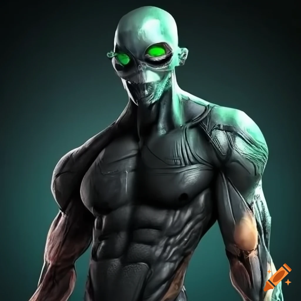 Image of a buff alien hero in a black super suit on Craiyon