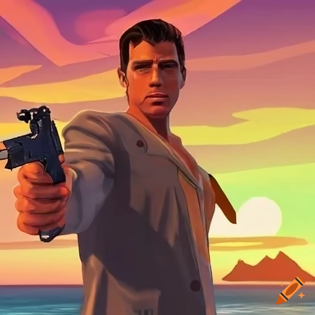 Tommy Vercetti standing with a gun at Vice City's sunny beach on Craiyon