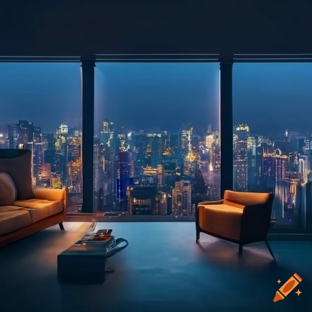 Luxury living room with city skyline view at night on Craiyon