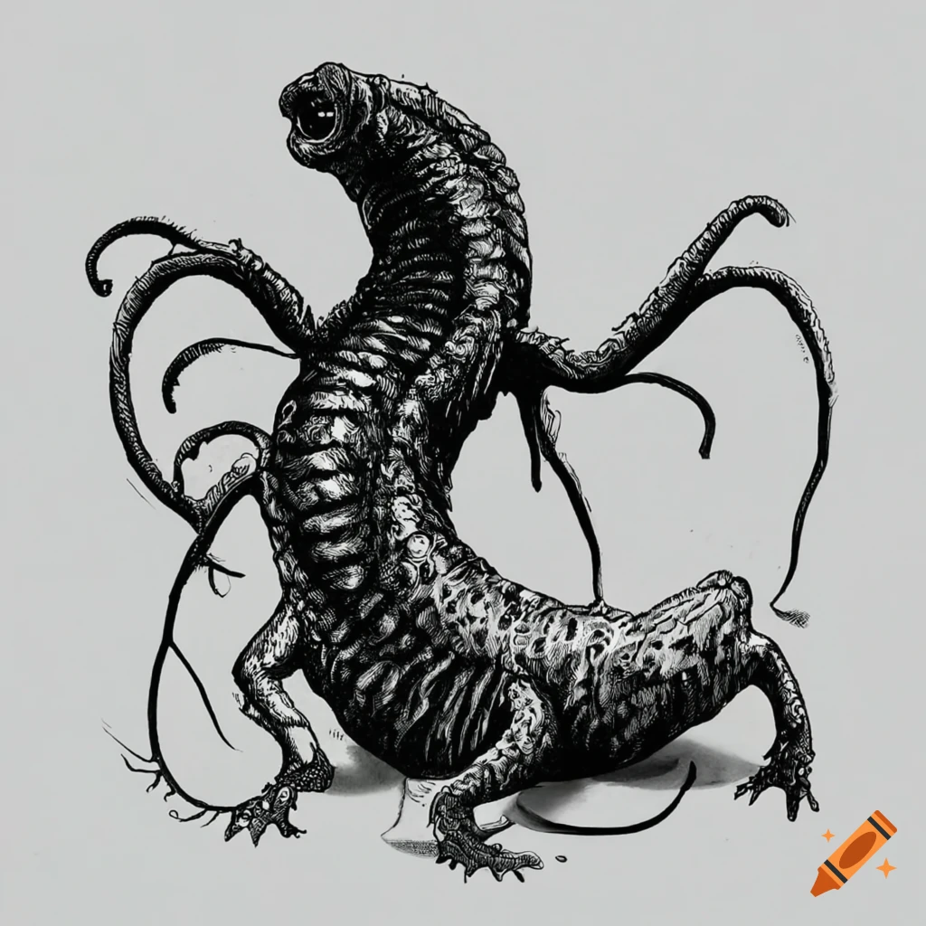Etched illustration of a lovecraftian salamander monster on Craiyon