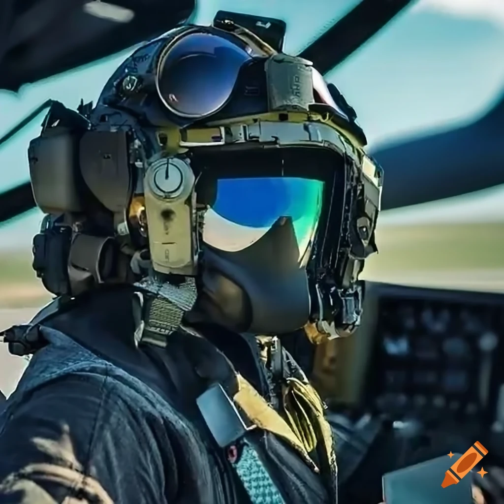 Fighter pilot wearing high-tech visor helmet in cockpit on Craiyon