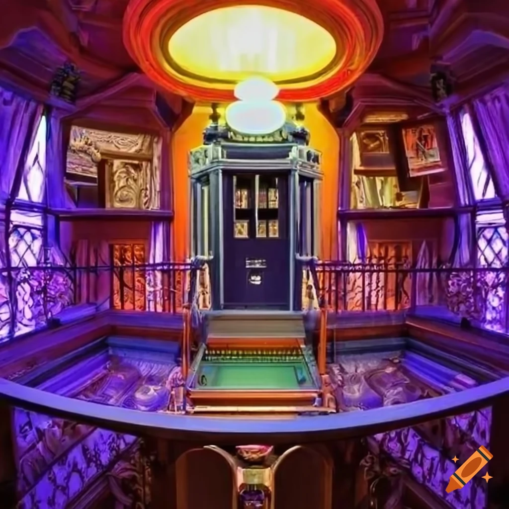 Colorful TARDIS console room with glass core and grand staircase on Craiyon