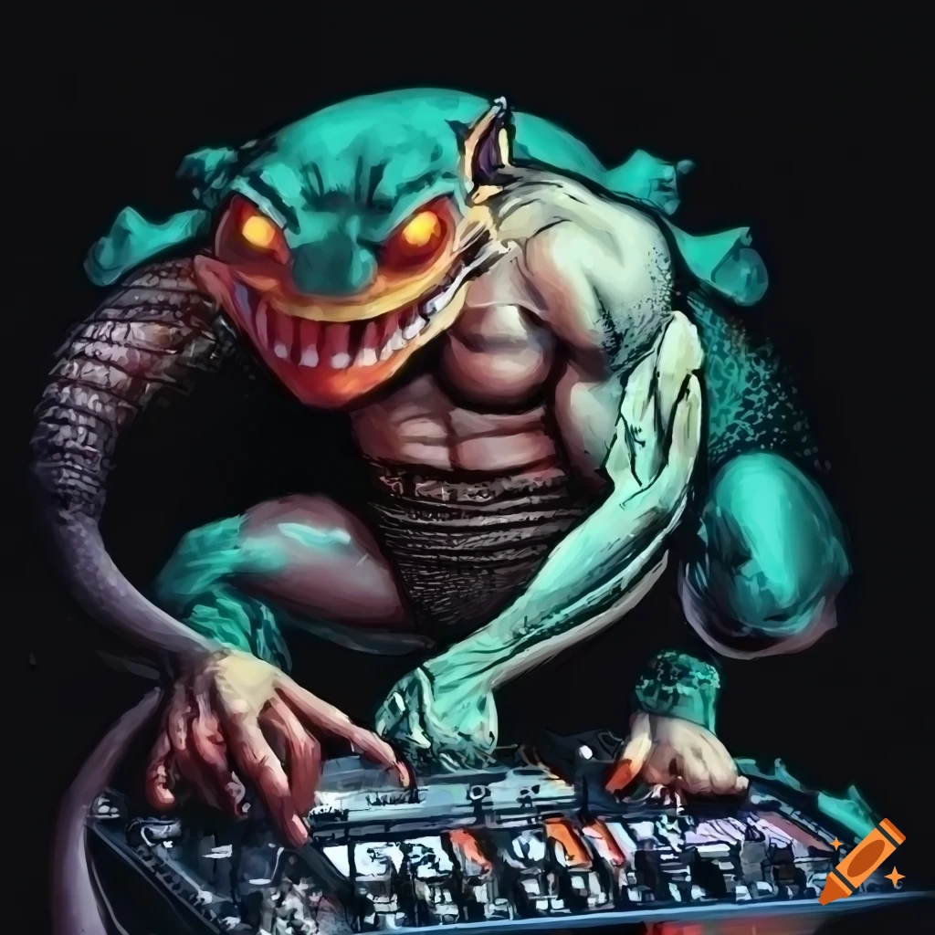 Lizard DJ with headphones in Simon Bisley style on Craiyon