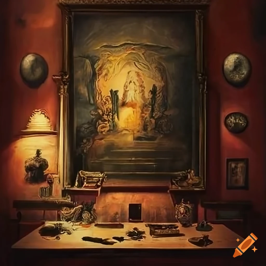 Interior of a haunted museum with occult paintings