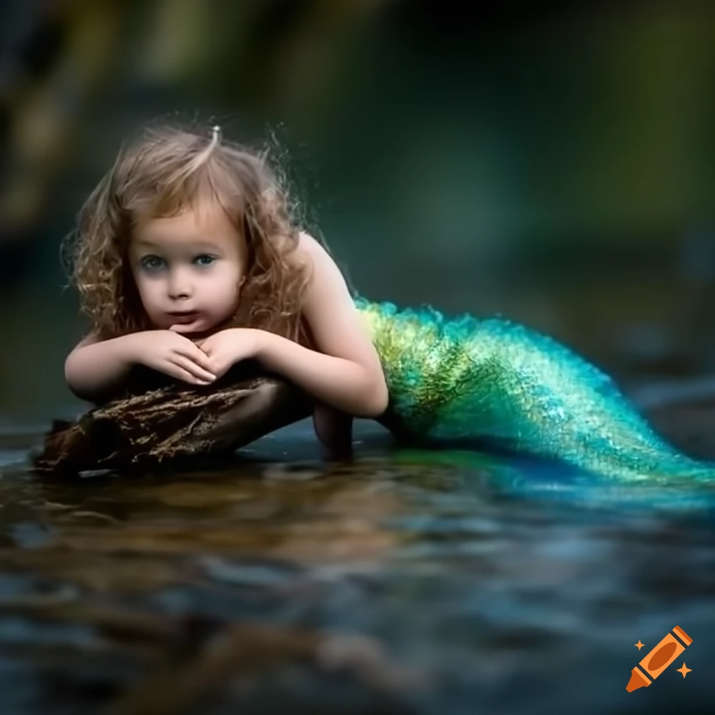 Mermaid child playing in a river on Craiyon