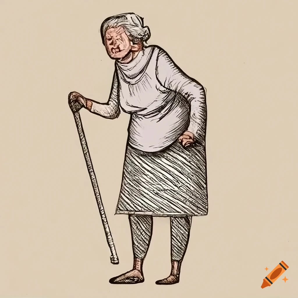 Cartoon drawing of an old lady in pain on Craiyon