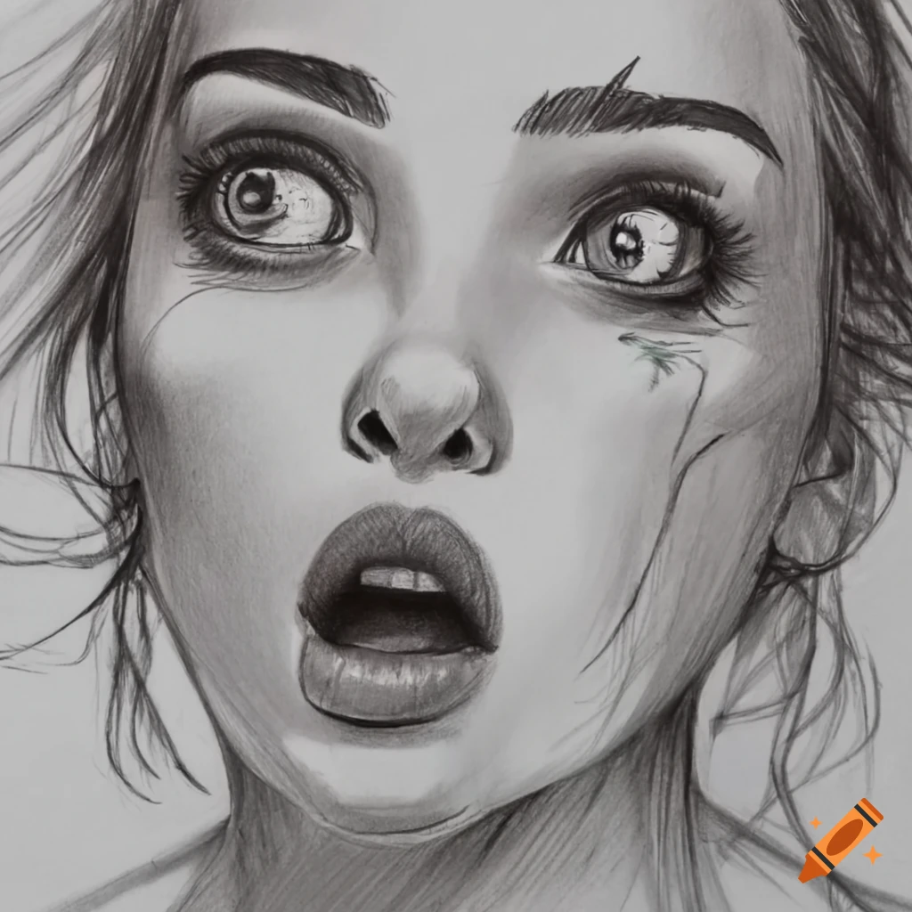 Detailed sketch of a young woman with a shocked expression on Craiyon