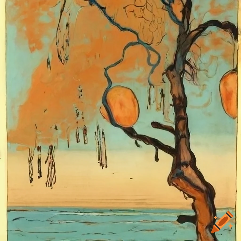 Ukiyo-e style color sketch of persimmon trees with fruits