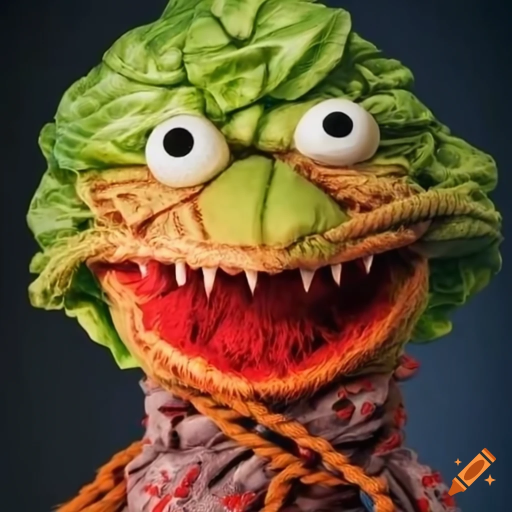 Close up of angry Sesame Street puppet, the Cabbage monster on Craiyon
