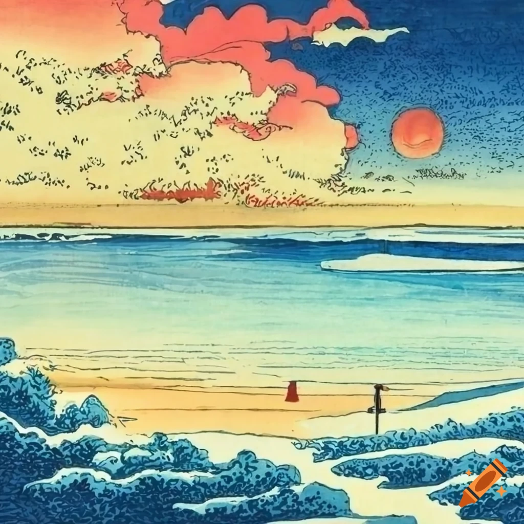 Ukiyo-e style illustration of a beach with vibrant sky backdrop on Craiyon