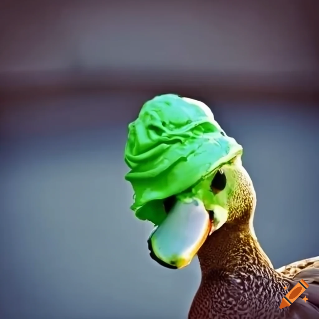 Duck eating green ice cream in a parking lot on Craiyon