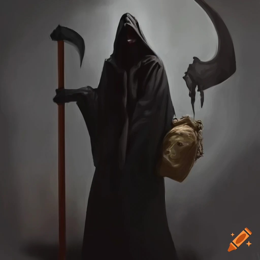 Symbolic portrayal of Death with a scythe and money on Craiyon
