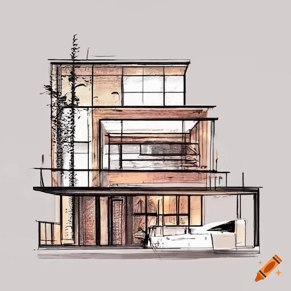 Sketch layout of a modern house facade with interior mezzanine on Craiyon