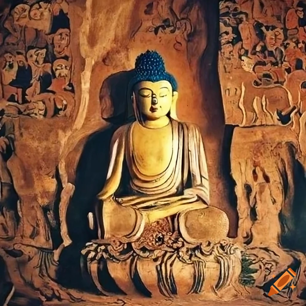 Buddha statue in a Chinese cave painting on Craiyon