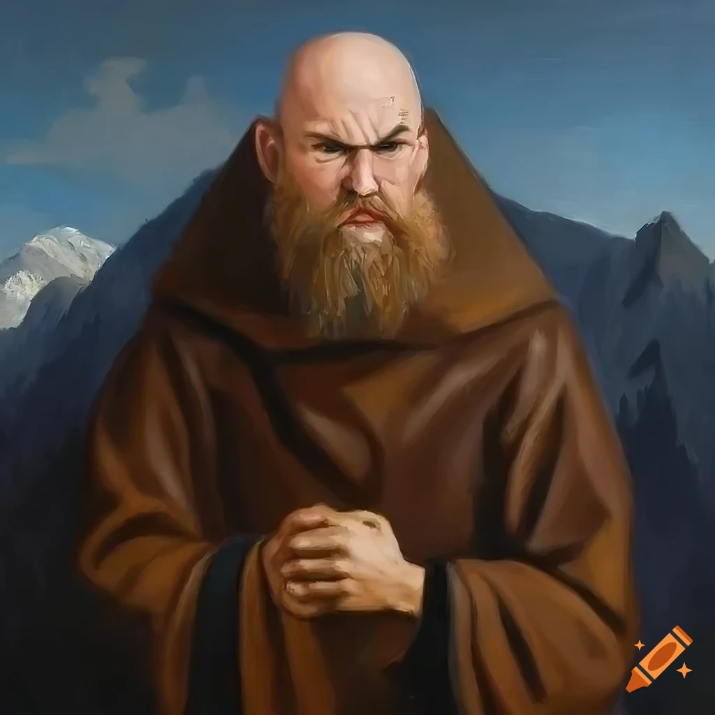 Oil painting of an angry bearded monk in mountain peak on Craiyon