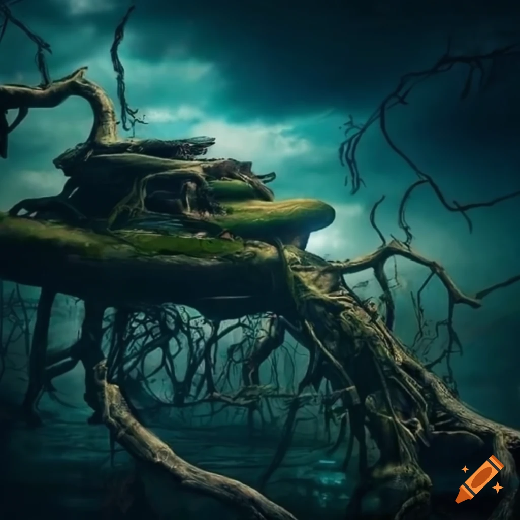 Silver spaceship covered in tree vines and roots on Craiyon