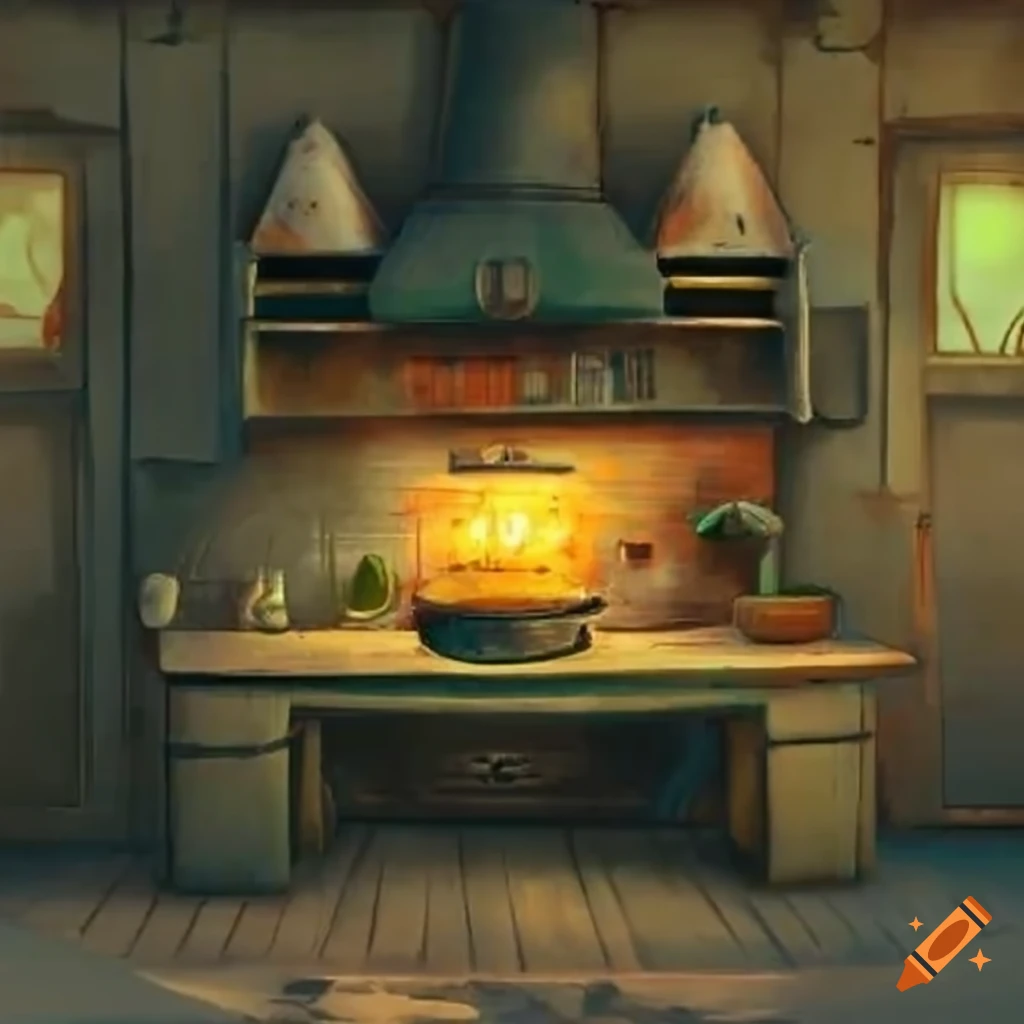 Studio ghibli-style illustration of an old kitchen with an oven on Craiyon