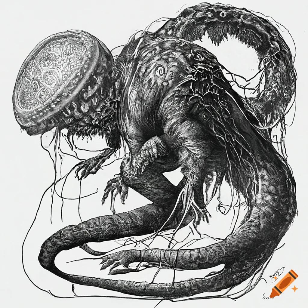 Detailed etching of a lovecraftian jellyfish-otter hybrid monster on Craiyon
