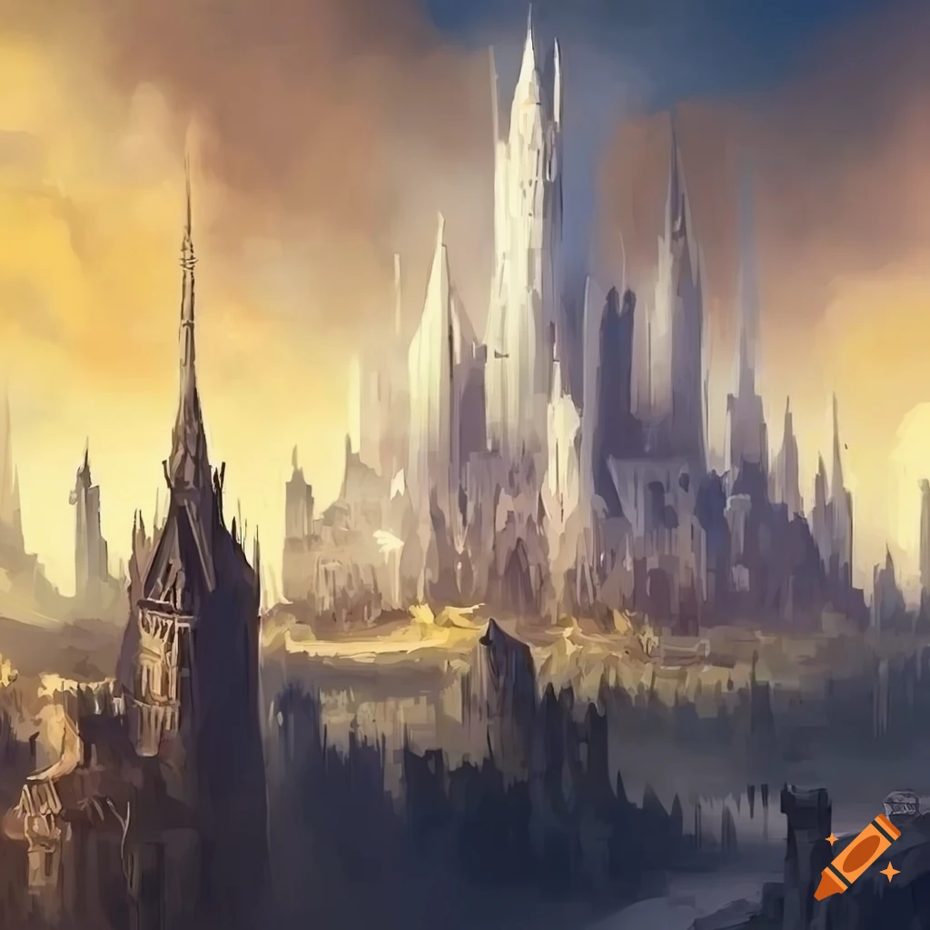 Art of a white towered city in a fantasy landscape