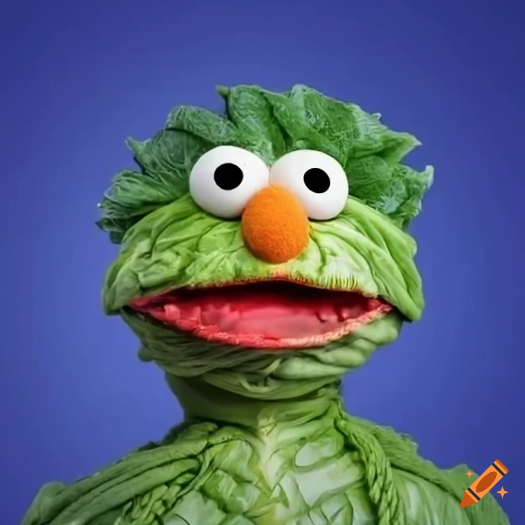 Seasame street puppet of a cabbage monster with a rope on Craiyon