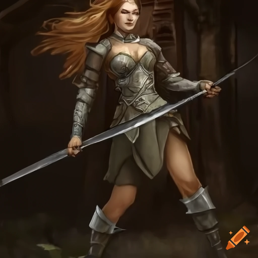 Female half-elven fighter wielding two rapiers on Craiyon