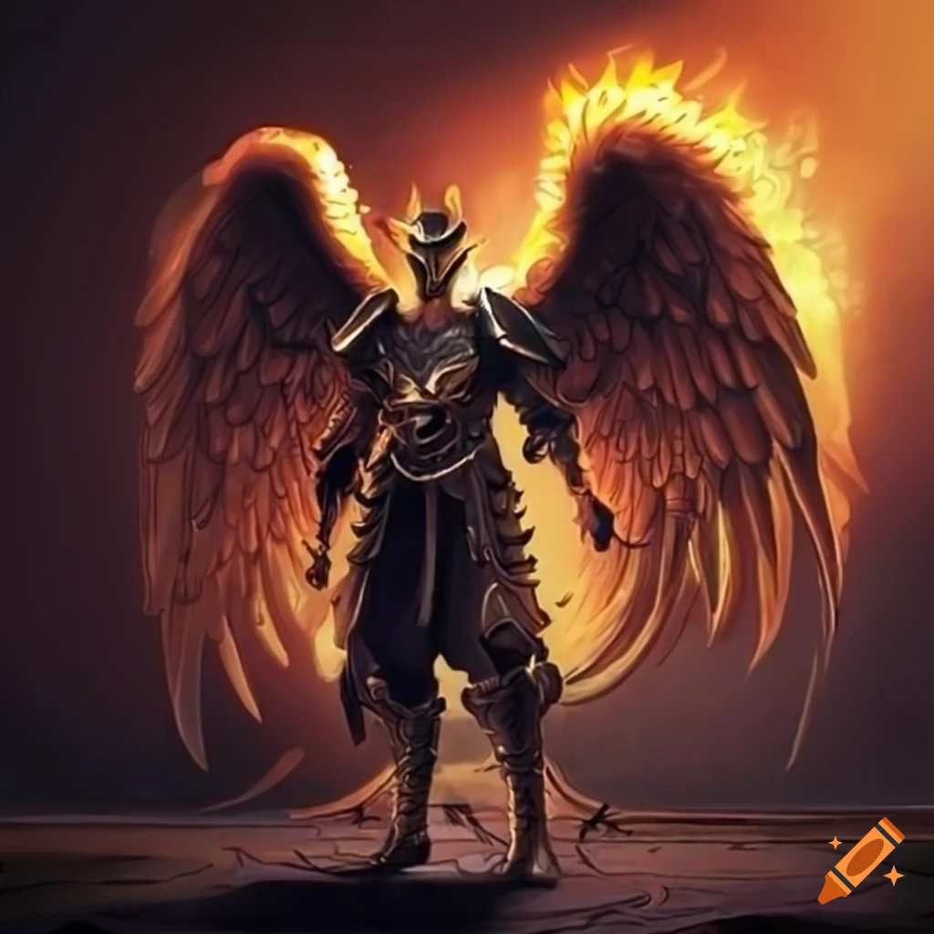 Digital art of a fierce male angel with fiery wings on Craiyon