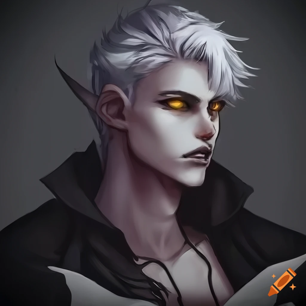 Portrait of an attractive male devil with grey skin and white hair on ...